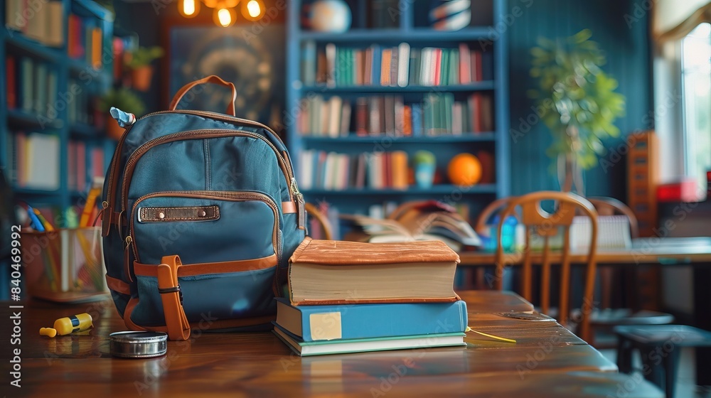 Back to school concept with school books, textbooks, backpack and ...