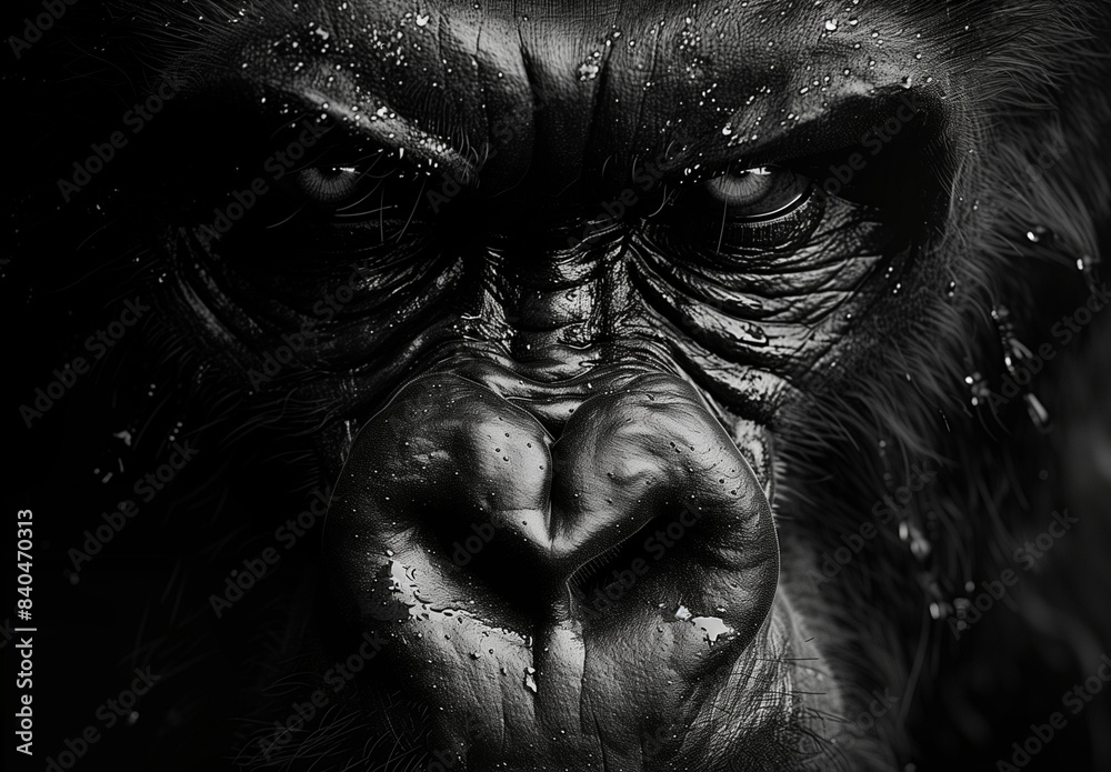 A close up portrait face of a powerful dominant male gorilla on black ...