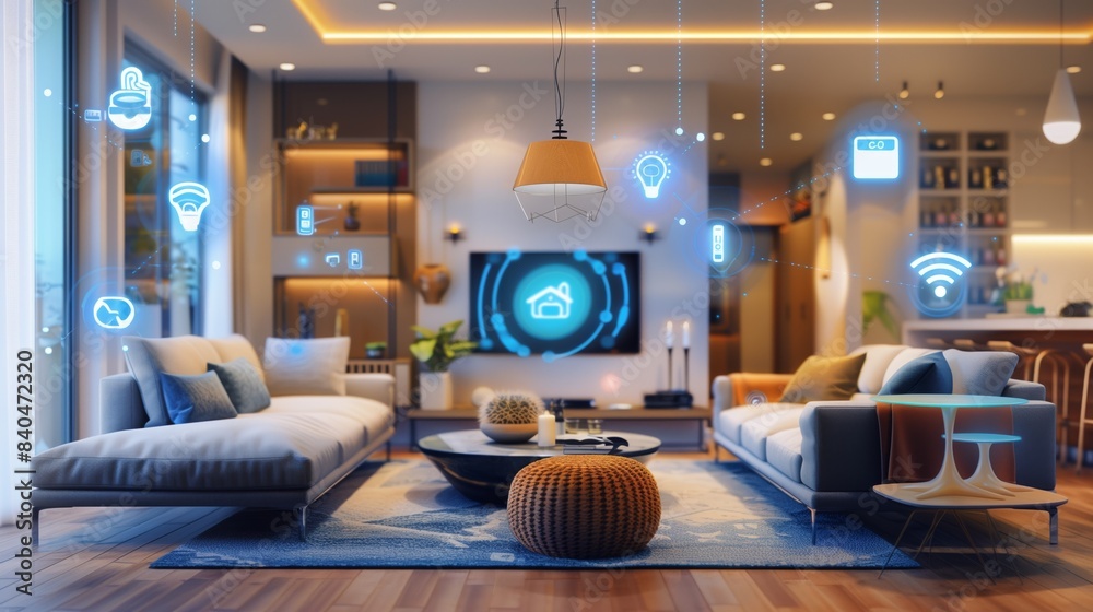 Living room integrated with smart home technology, showcasing digital ...