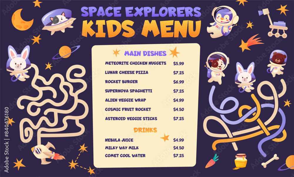 Kids menu with cute character animal in spacesuit, planets and rocket ...