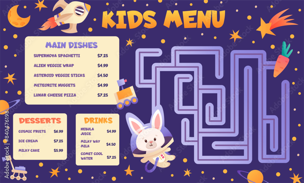 Kids menu with cute character animal in spacesuit, planets and rocket ...