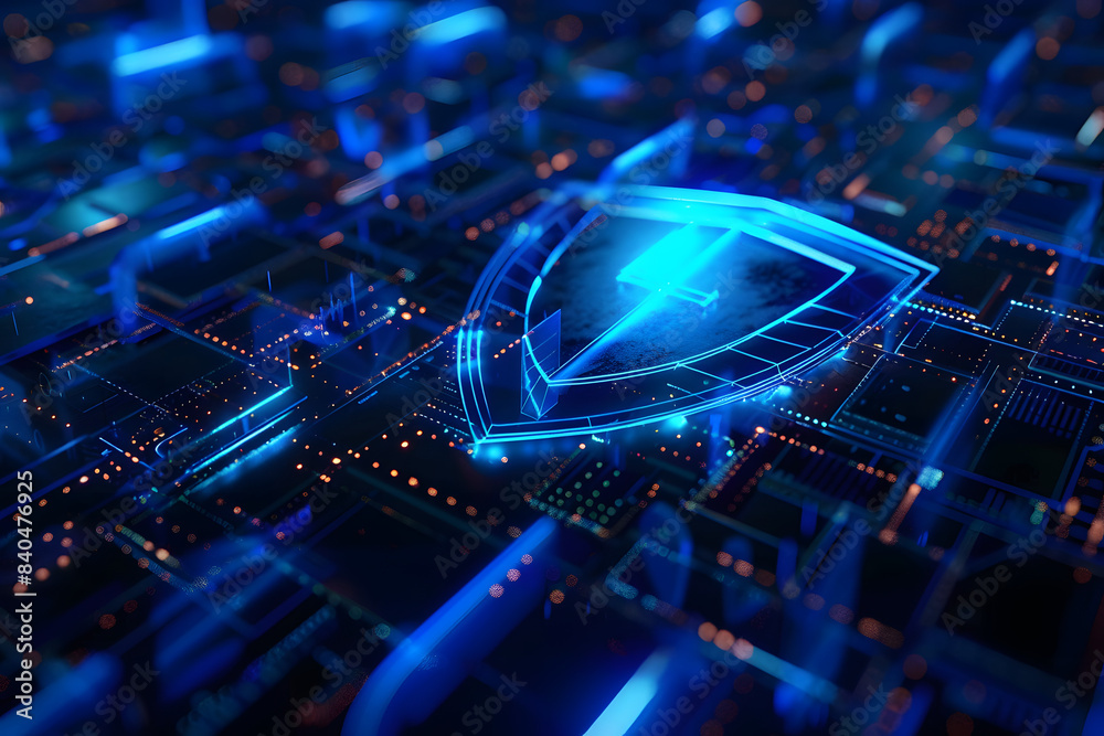 Secure Cybersecurity Symbol: Dark Blue Wireframe Shield with Checkmark ...