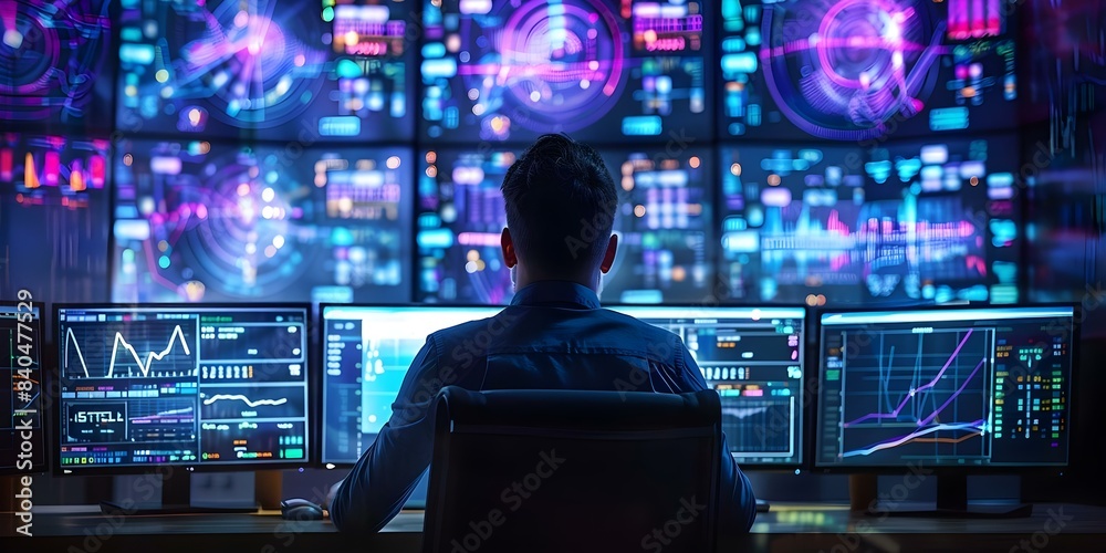 Operator Monitors Data On Multiple Screens In Hightech Control Room