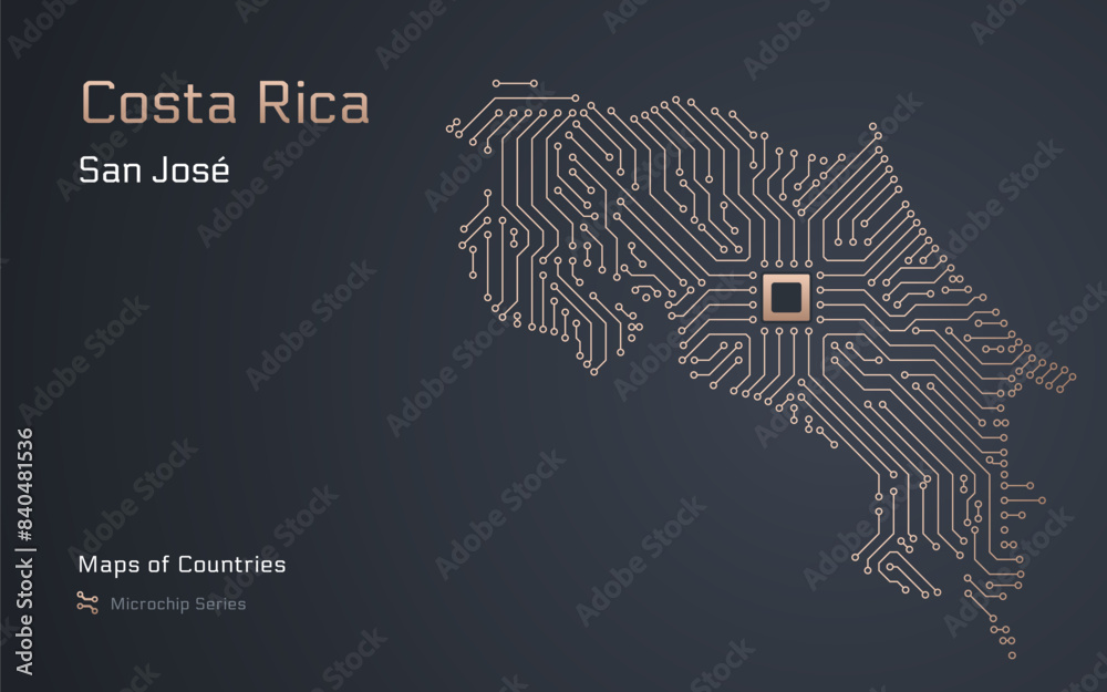 Costa Rica Map with a capital of San Jose Shown in a Microchip Pattern ...