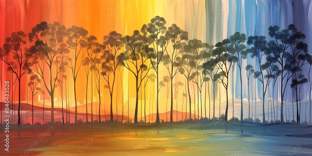 Colorful Australian outback painting with eucalyptus trees and sunset ...