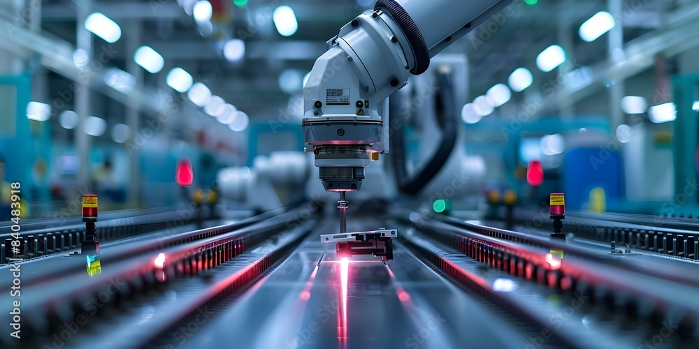 Robotic printers on factory floor moving parts to assembly line ...
