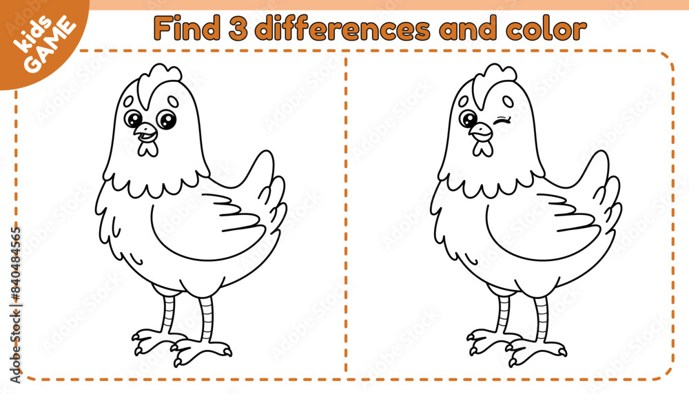 Farm kids game Find 3 differences with cute chicken. Cartoon hen. Spot ...