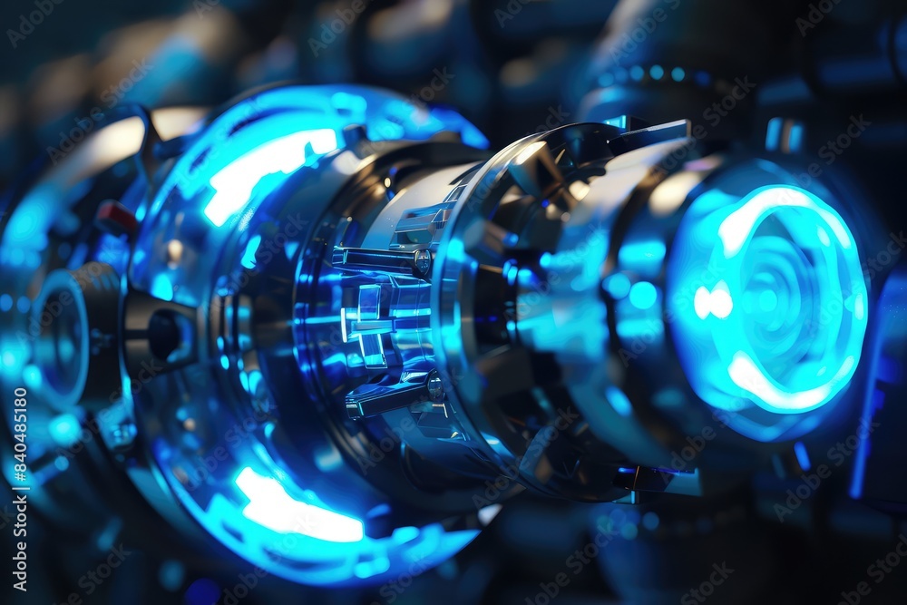 Advanced ion propulsion engine with glowing blue thruster. Futuristic ...