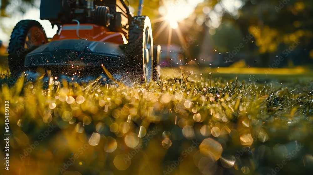 Detailed view of a petrol lawn mower cutting through lush grass, engine ...