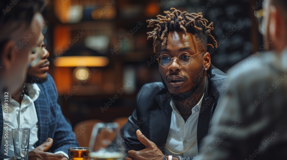 Fotografia do Stock: adult afro guys in modern urban style sit at a ...