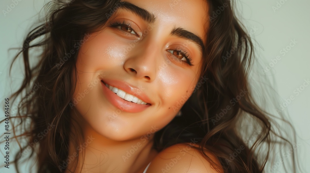 Middle Eastern woman softly smiling, glowing skin, with long, curly ...