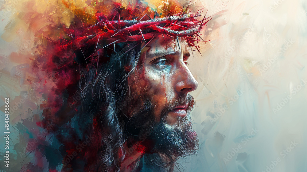 Abstract scenic background with a portrait of Jesus Christ wearing a ...