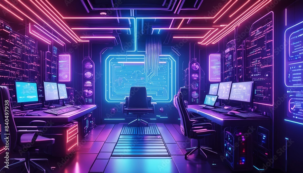 Cyberpunk, neon-lit gaming room, bathed in vibrant purple and blue hues ...