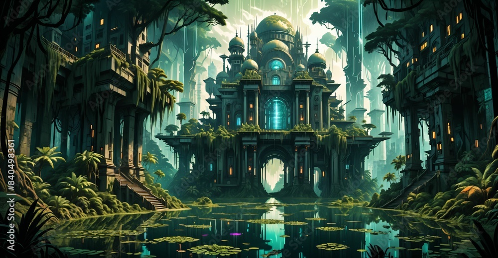 gothic baroque city monument building in forest island marsh wetland ...