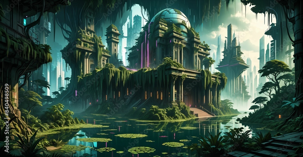 gothic baroque city monument building in forest island marsh wetland ...