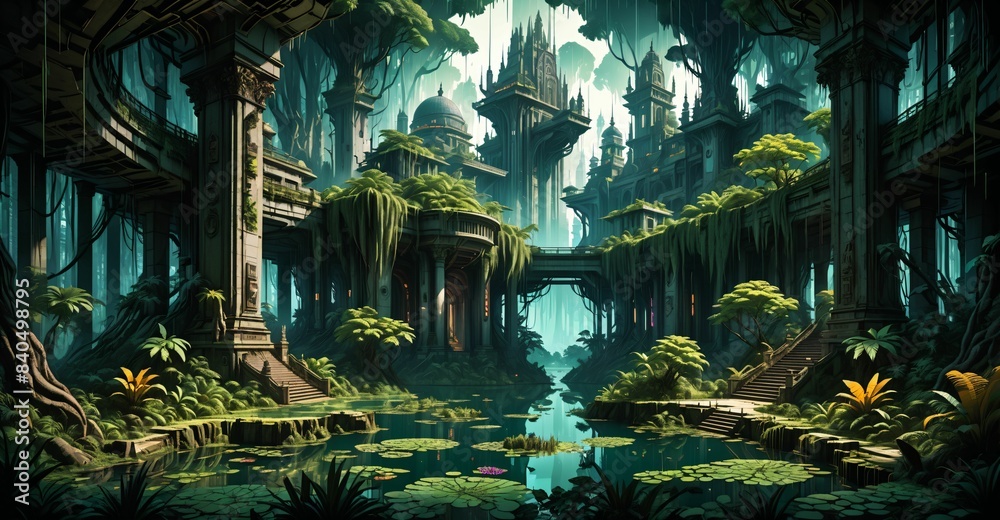 gothic baroque city monument building in forest island marsh wetland ...