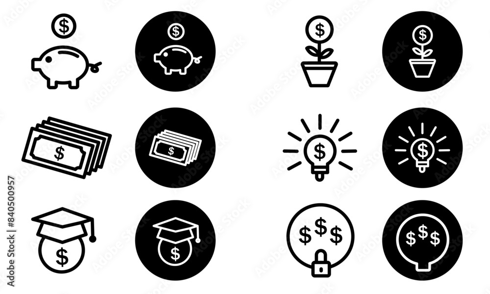 Money icons collection, saving money, money generating ideas, money ...