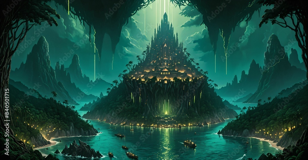 gothic cyberpunk city base island forest surrounded by ocean sea water ...