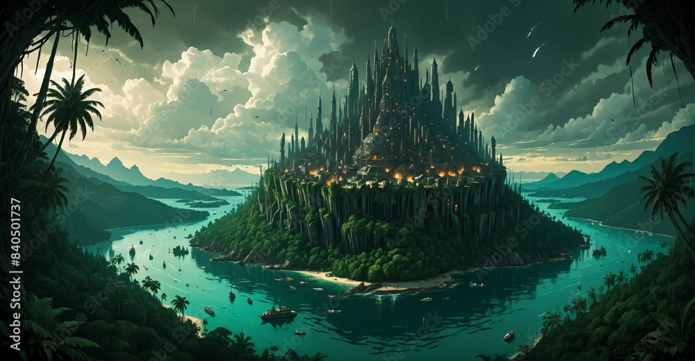 gothic cyberpunk city base island forest surrounded by ocean sea water ...