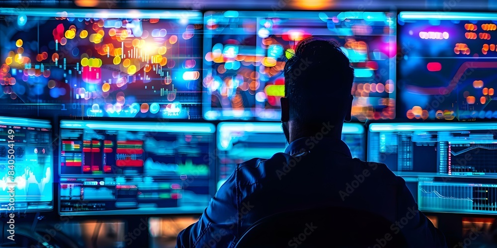 Operator Monitors Data On Multiple Screens In A High Tech Control Room