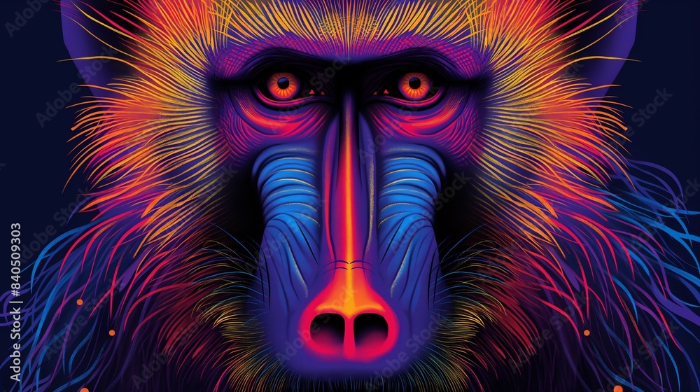 Psychedelic neon art of a baboon face, featuring vibrant colors and ...