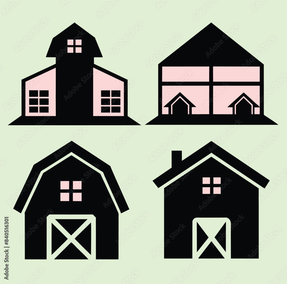 Farm building vector illustration set. Cartoon flat front view of ...
