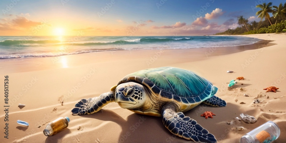 Environmental issue of plastic pollution problem concept. Sea Turtles ...