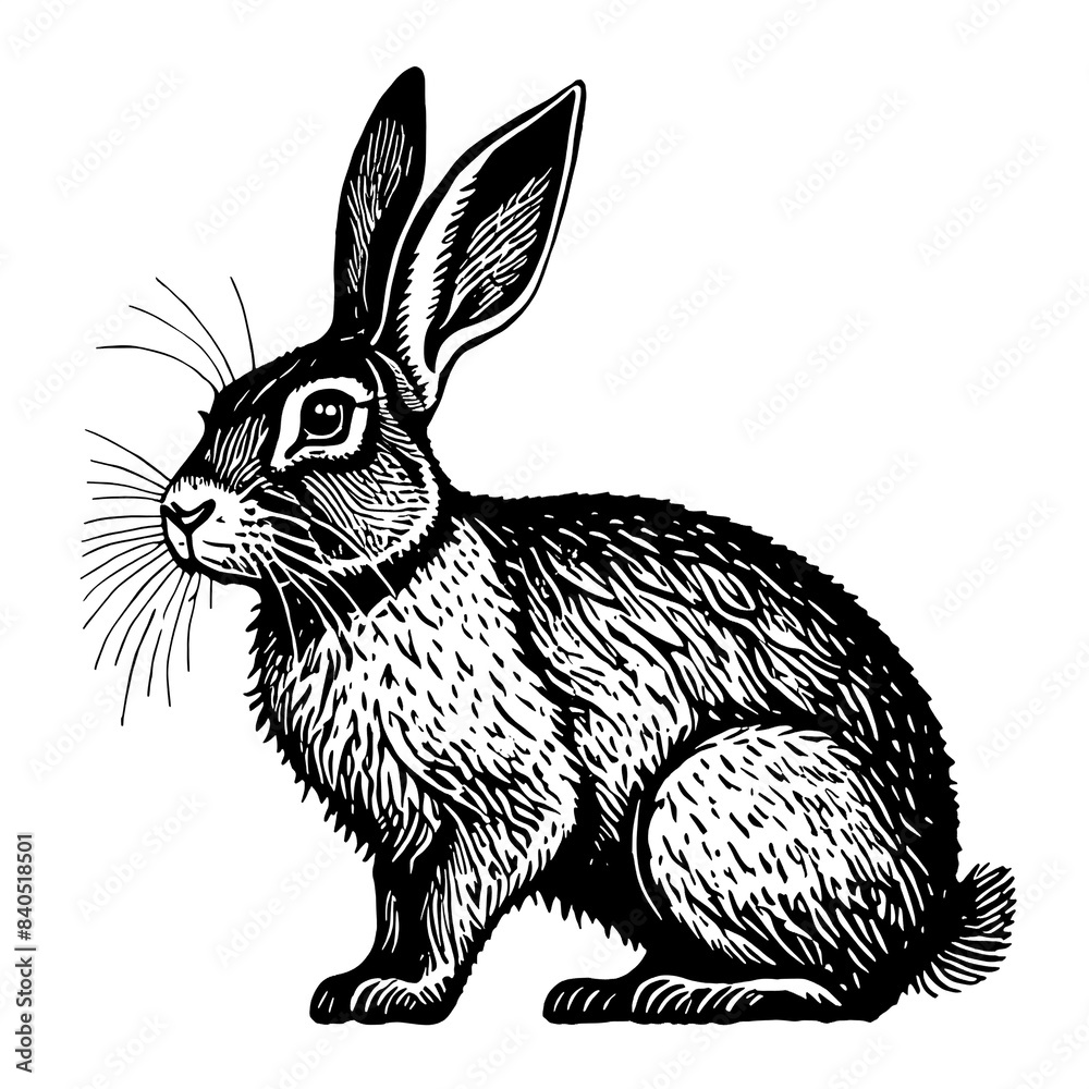 rabbit in woodcut style, side view, full figure, isolated, black and ...