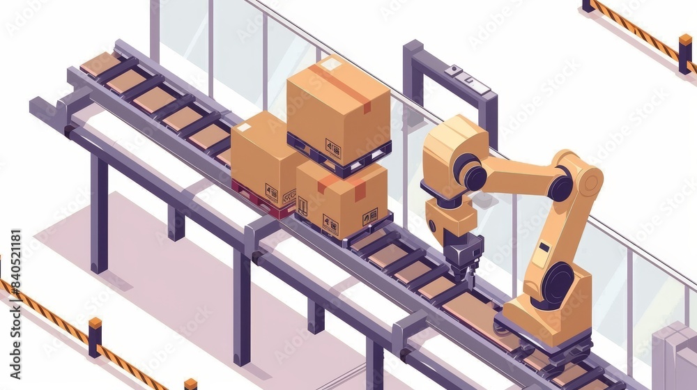 A robotic palletizing system, a robotic arm loading cartons, boxes on a ...