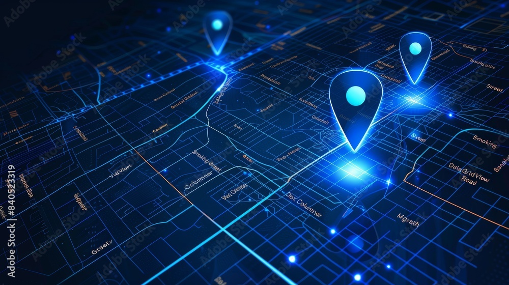 Geolocation tracking map with navigation pins on street maps. Modern ...