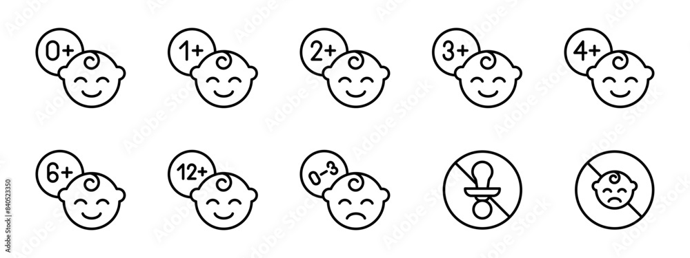 Baby friendly icon set. Children age plus badge. Suitable for babies ...