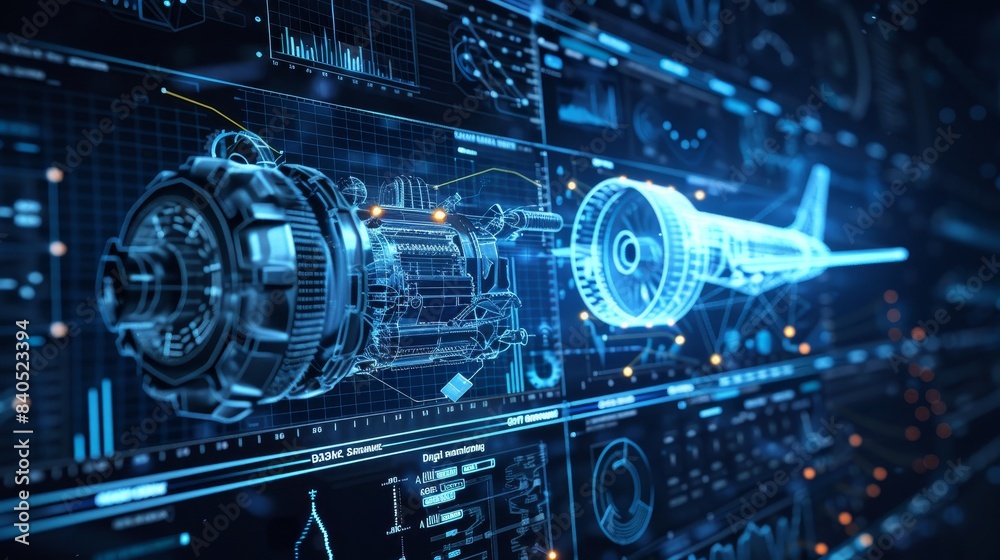 Industrial aerospase blueprint with jet engine statistics and parts of ...