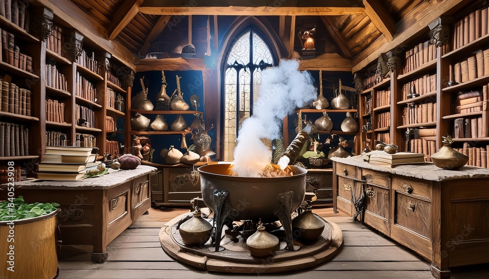 Medieval alchemist's workshop filled with ancient books, potions, and a ...