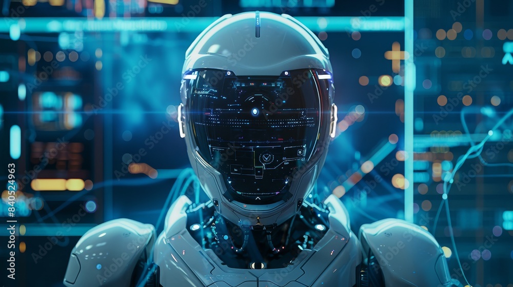 Cyborg rear view taps finger on holographic touch screen on robot with ...