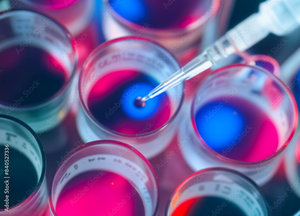 Cell culturing, scientist with pipette and multi well plates, biology ...