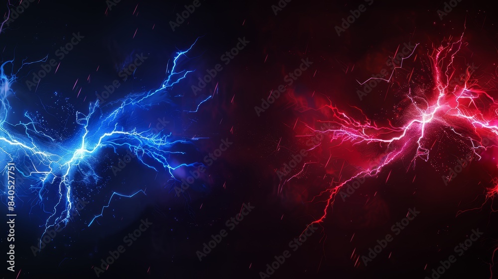 Colorful blue and red lightning collision on a red background. Powerful ...