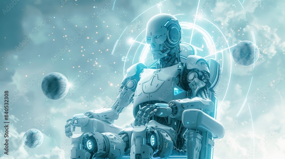 World ruled by artificial intelligence. Robot female queen sits on ...
