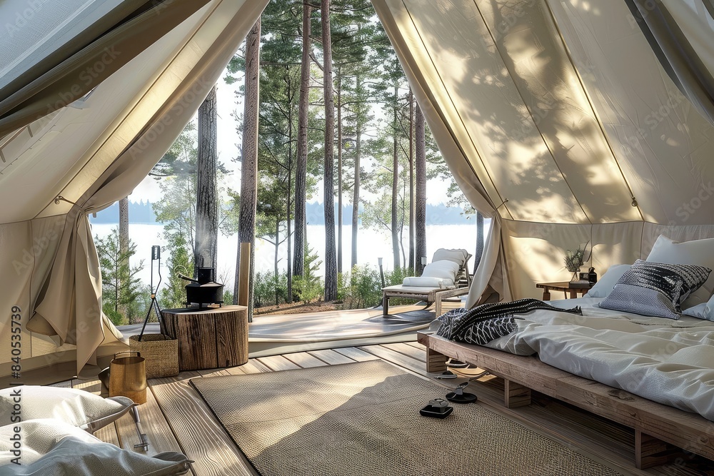Glamping houses in nature forest by lake. Open traditional canvas bell ...