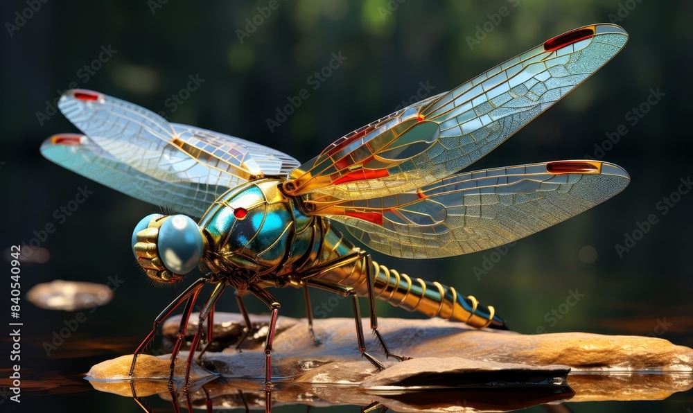 Dragonfly larva flat design side view wetland 3D render Tetradic color ...