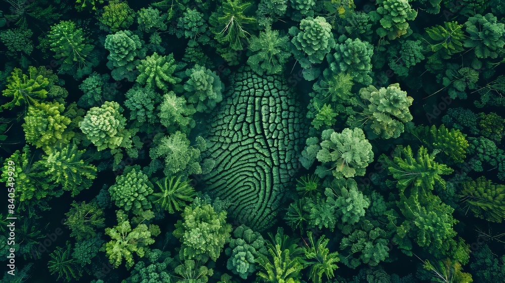 An aerial view of a green forest with a human fingerprint in the middle ...