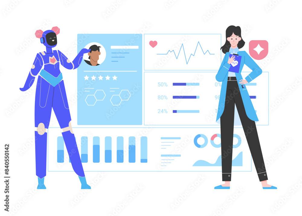 A female doctor and a robot stand together next to a dashboard with ...