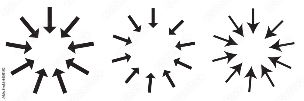 black arrows pointing to the center. Epicenter icons set. Inward arrows ...