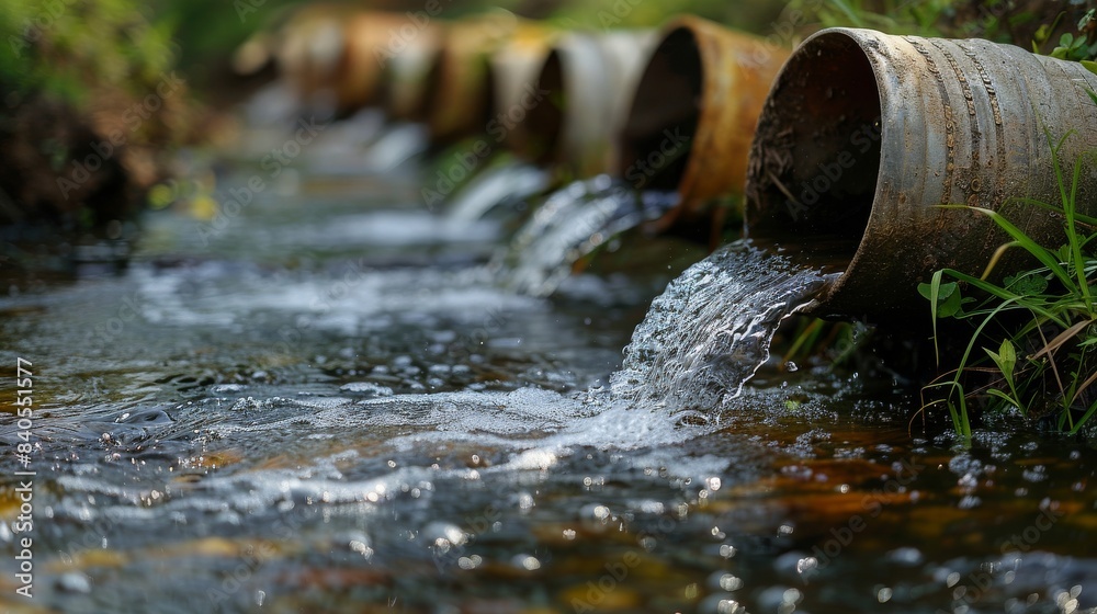 Wastewater pipe dumping dirty water into a river, concept image of ...