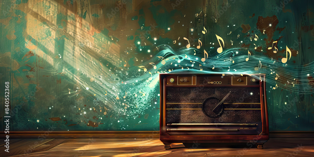 Vintage Radio Waves: Music Notes Emerging from a Vintage Radio Set in a ...