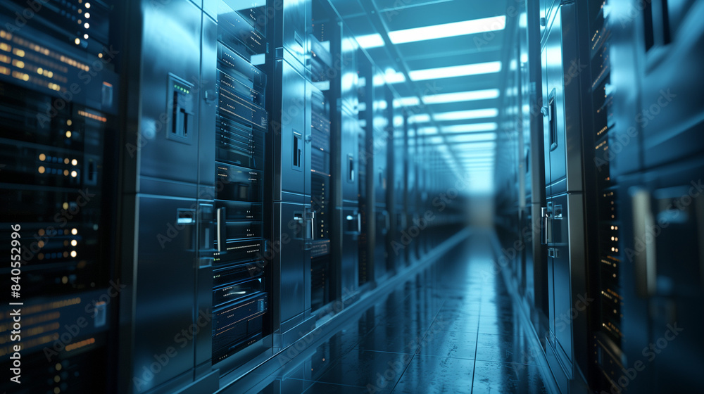 A sleek and advanced data center corridor with rows of illuminated ...