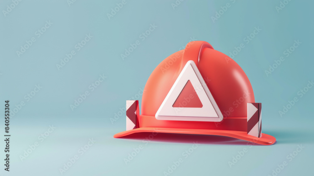 Red safety helmet with a white warning triangle symbol on a blue ...