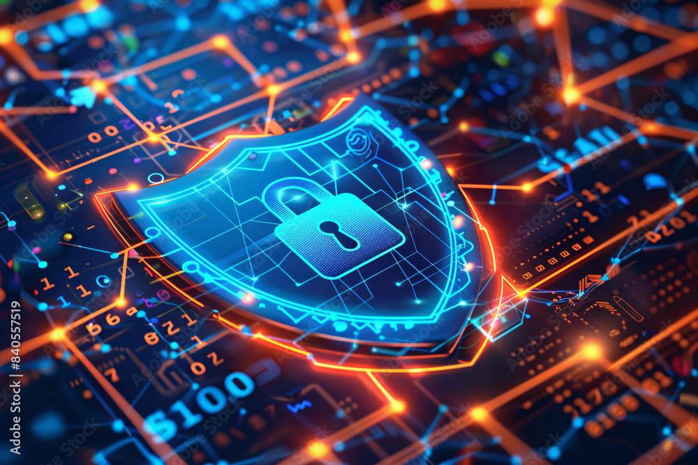 An illustration depicting cyber security and data protection, showcasing a shield with a padlock ...