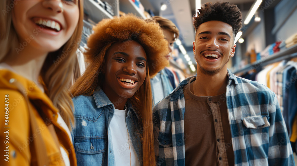 Group of friends trying on new school clothes in a stylish store ...