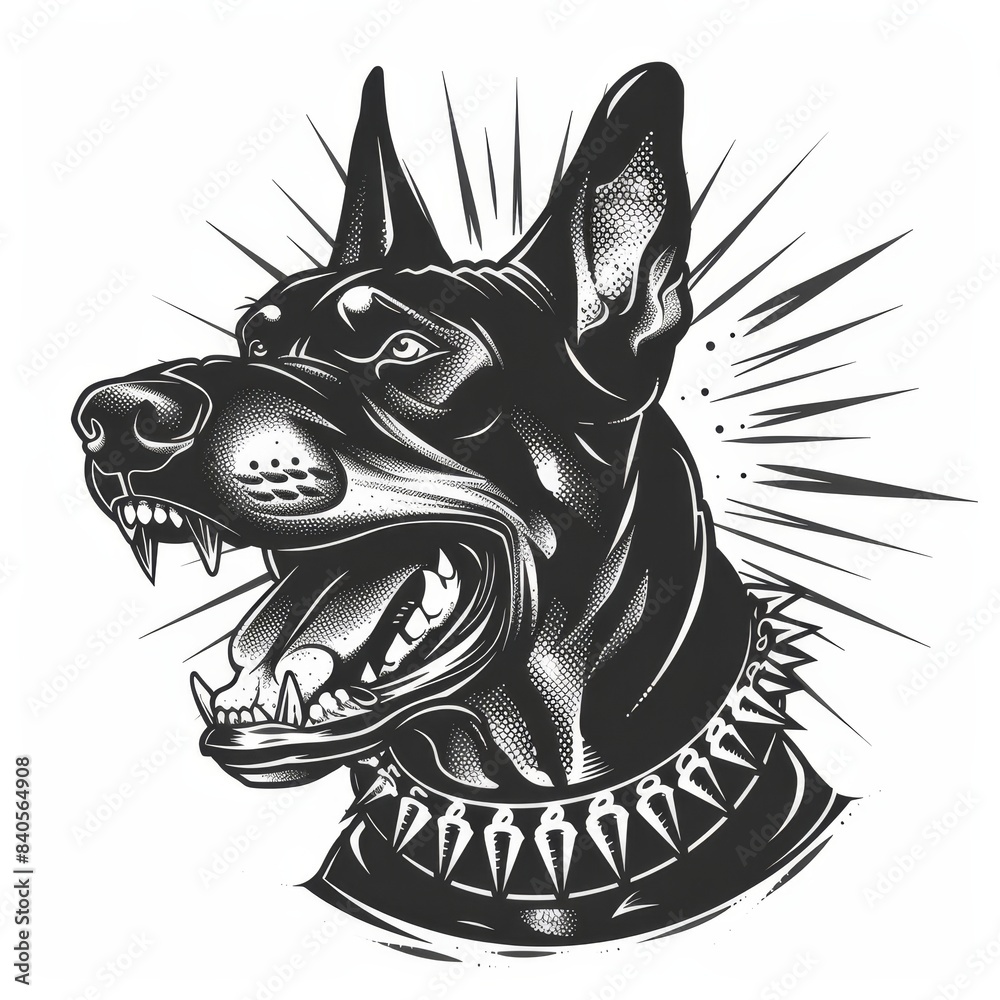 Detailed illustration of a Doberman dog. Black dog's head. Barking dog ...