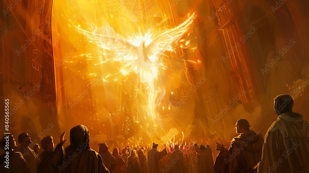 pentecost scene with holy spirit descending as fire and dove faithful ...
